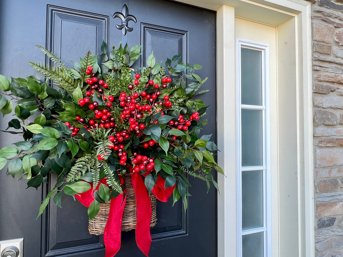 Farmhouse Winter Fern and Red Berry Door Basket | TwoInspireYou