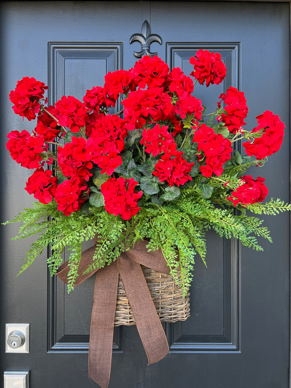 Red Geranium Basket Wreath - TwoInspireYou