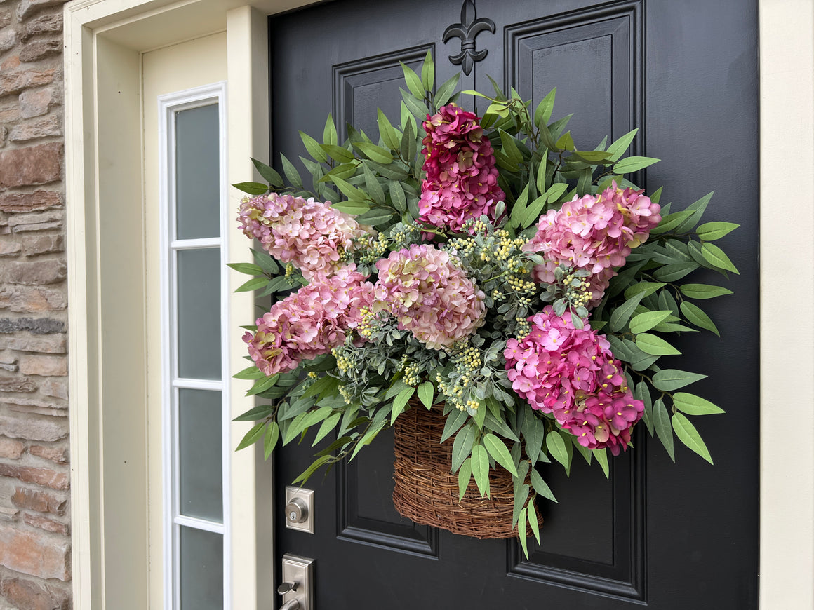 Large Hydrangea Twig Basket Wreath, Cone Hydrangeas in a Door Basket ...