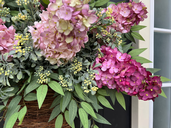Large Hydrangea Twig Basket Wreath, Cone Hydrangeas in a Door Basket ...