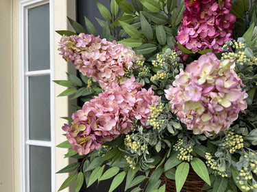 Large Hydrangea Twig Basket Wreath, Cone Hydrangeas in a Door Basket ...