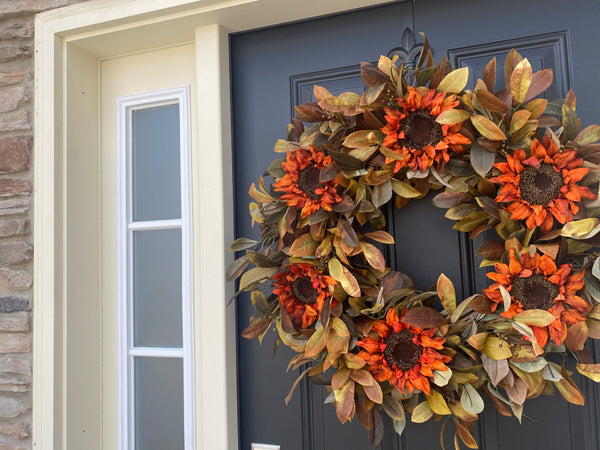 Rust Sunflower and Fall Foliage Wreath - TwoInspireYou